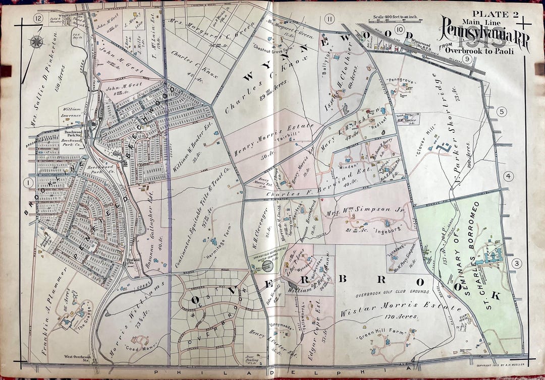 Wynnewood Map, Original 1913 Main Line Atlas Map, Overbrook, Lower ...