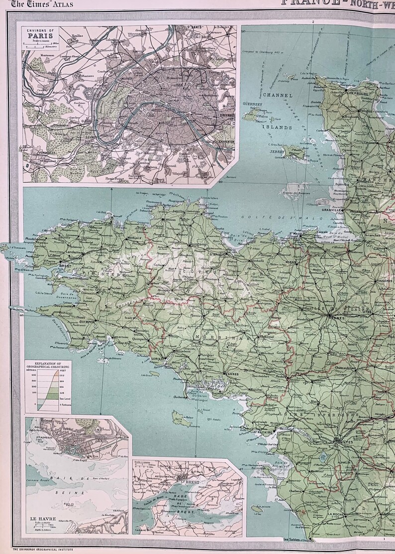 France Map, Original 1922 Times Atlas, Paris Map, North France, West ...