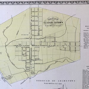 Elizabethtown Map, Original 1864 Bridgens Lancaster County Atlas ...
