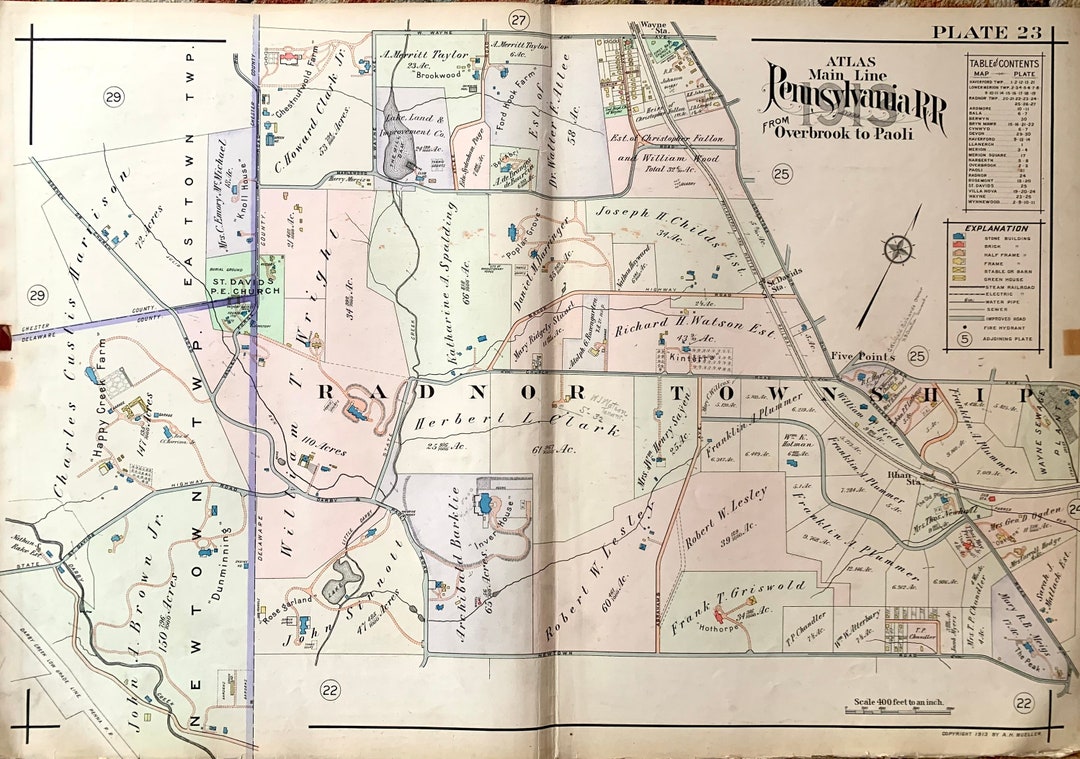 Radnor Township Map, Original 1913 Main Line Pennsylvania Railroad ...
