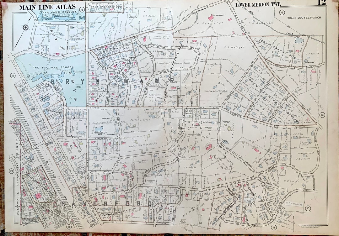 Bryn Mawr Map, Original 1947 Main Line Atlas, Lower Merion Township ...