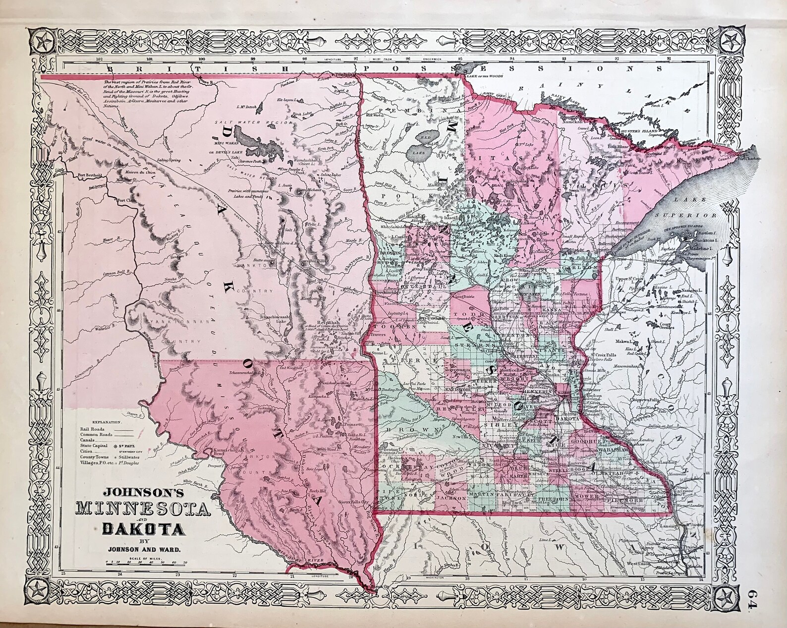 1864 Atlas Map of Minnesota and Dakota, Original Hand Colored, Johnsons ...