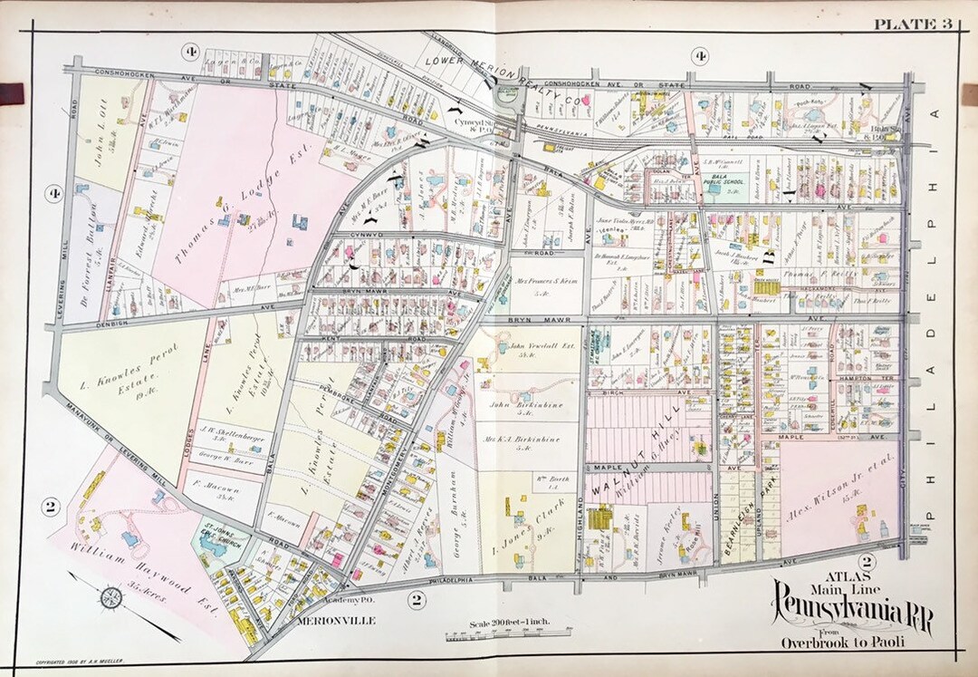 Bala Cynwyd Map, Original 1908 Overbrook to Paoli Main Line Atlas ...