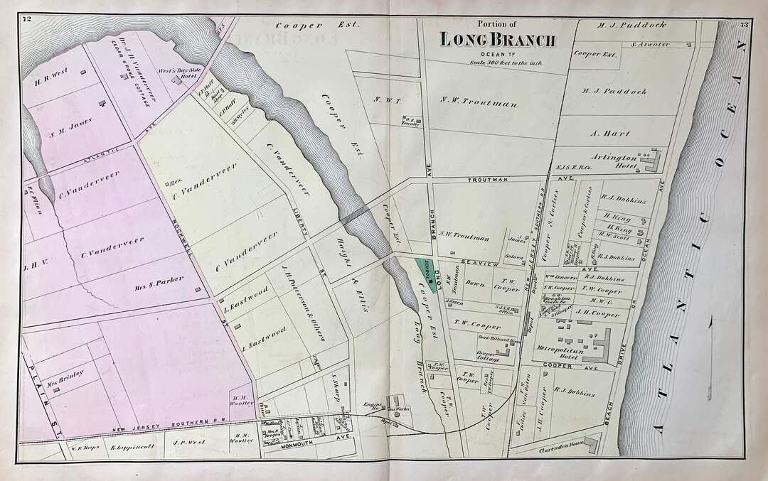 Mapa de Long Branch, Atlas original del condado de Mo Monmouth de 1873 ...