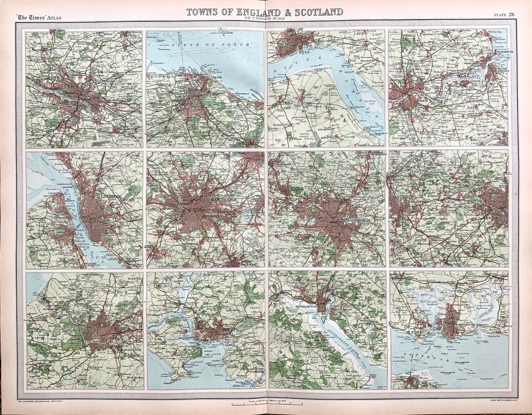 Towns of England and Scotland Map, Original 1922 Times Atlas, Liverpool ...
