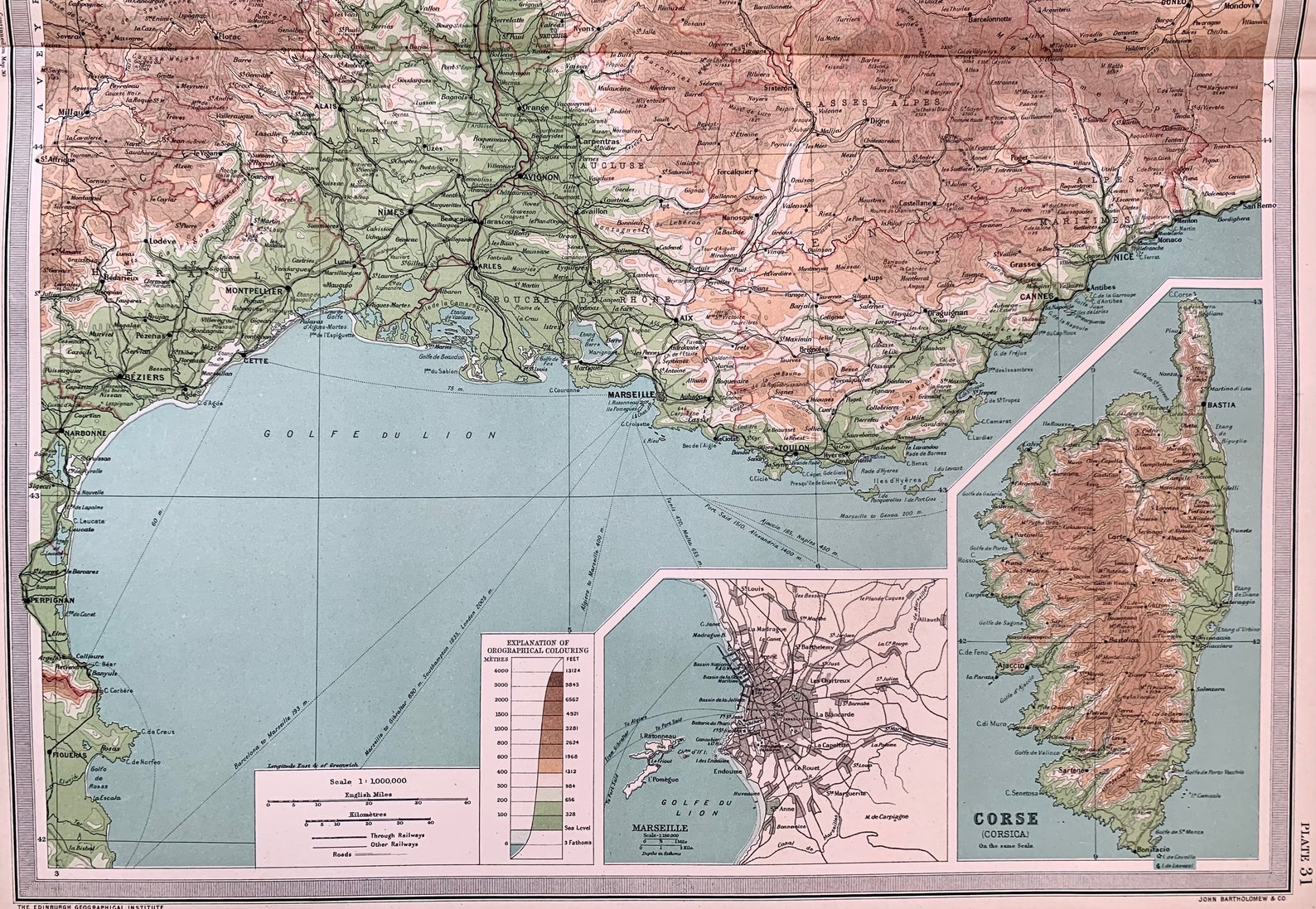France Map, Original 1922 Times Atlas, South Eastern France, Marseille ...