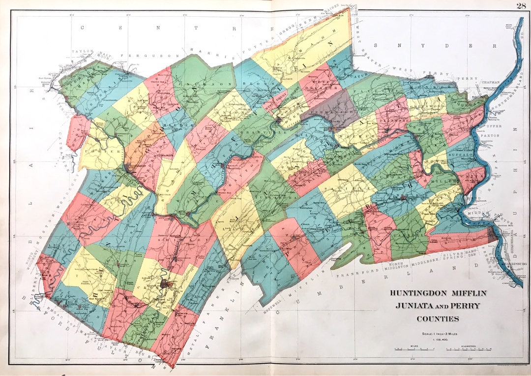 Mifflin, Huntingdon Counties Map, Original 1900 State of Pennsylvania ...