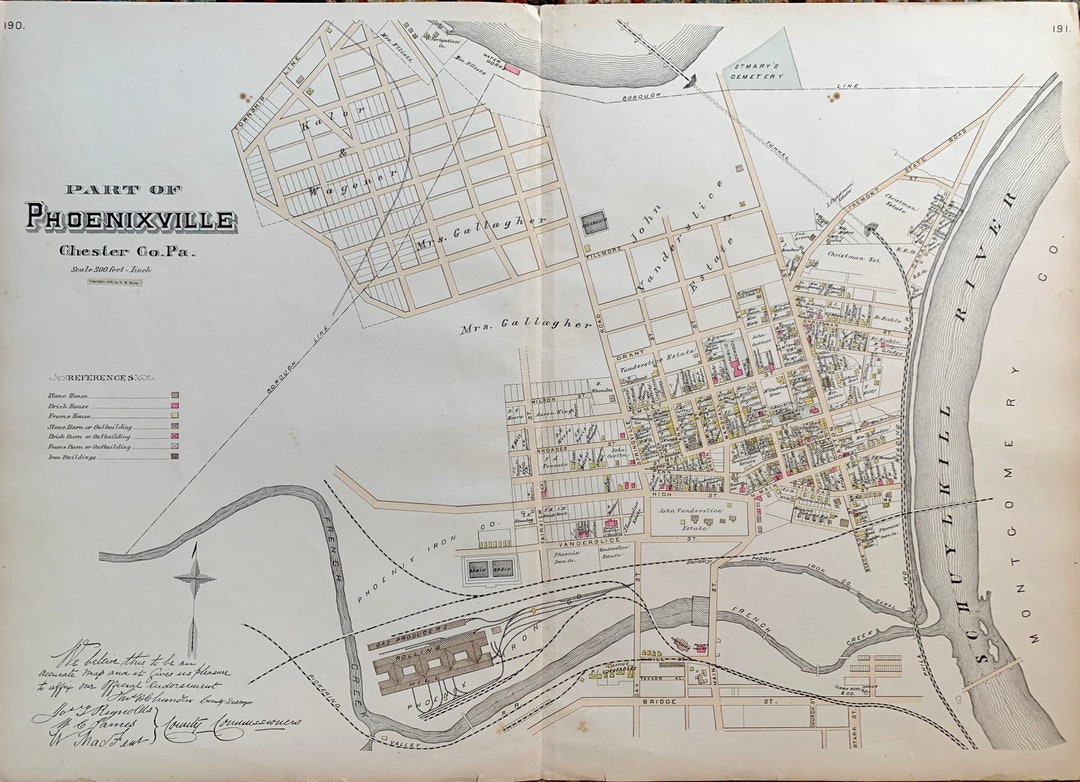 Phoenixville Borough Map, Original 1883 Chester County Pennsylvania ...