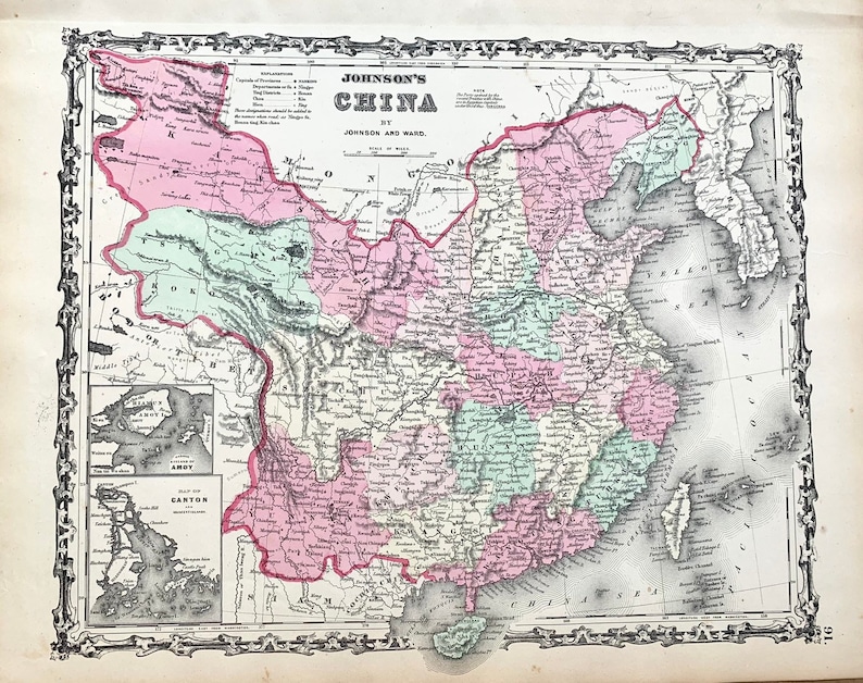 Antique Map of China, Original 1863 Hand Colored Map, Johnson and Ward ...