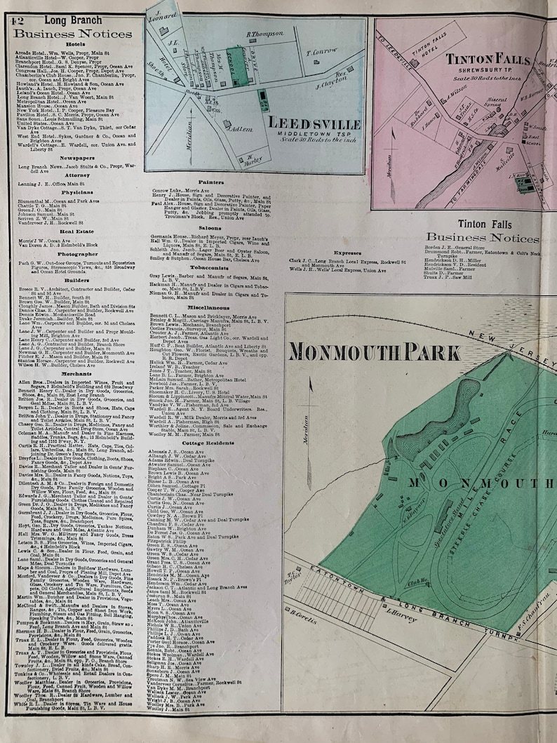 Monmouth Park Map Original 1873 Monmouth County Atlas - Etsy