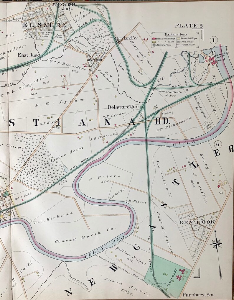 New Castle County Map, Original 1893 Delaware Atlas, Newport, Elsmere ...