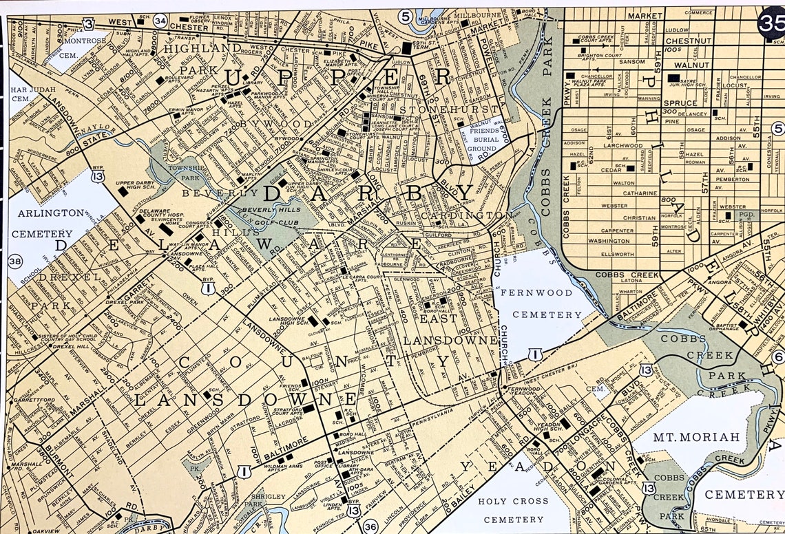 Lansdowne Map, Drexel Hill Map, Original 1936 City of Philadelphia ...