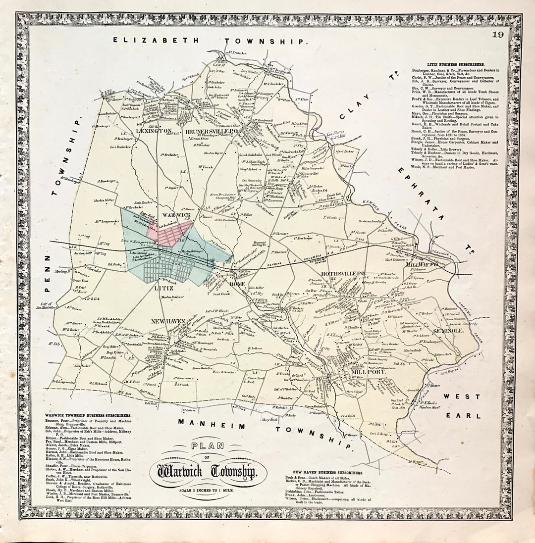 Warwick Township Map, Original 1864 Lancaster County Atlas, Lititz ...