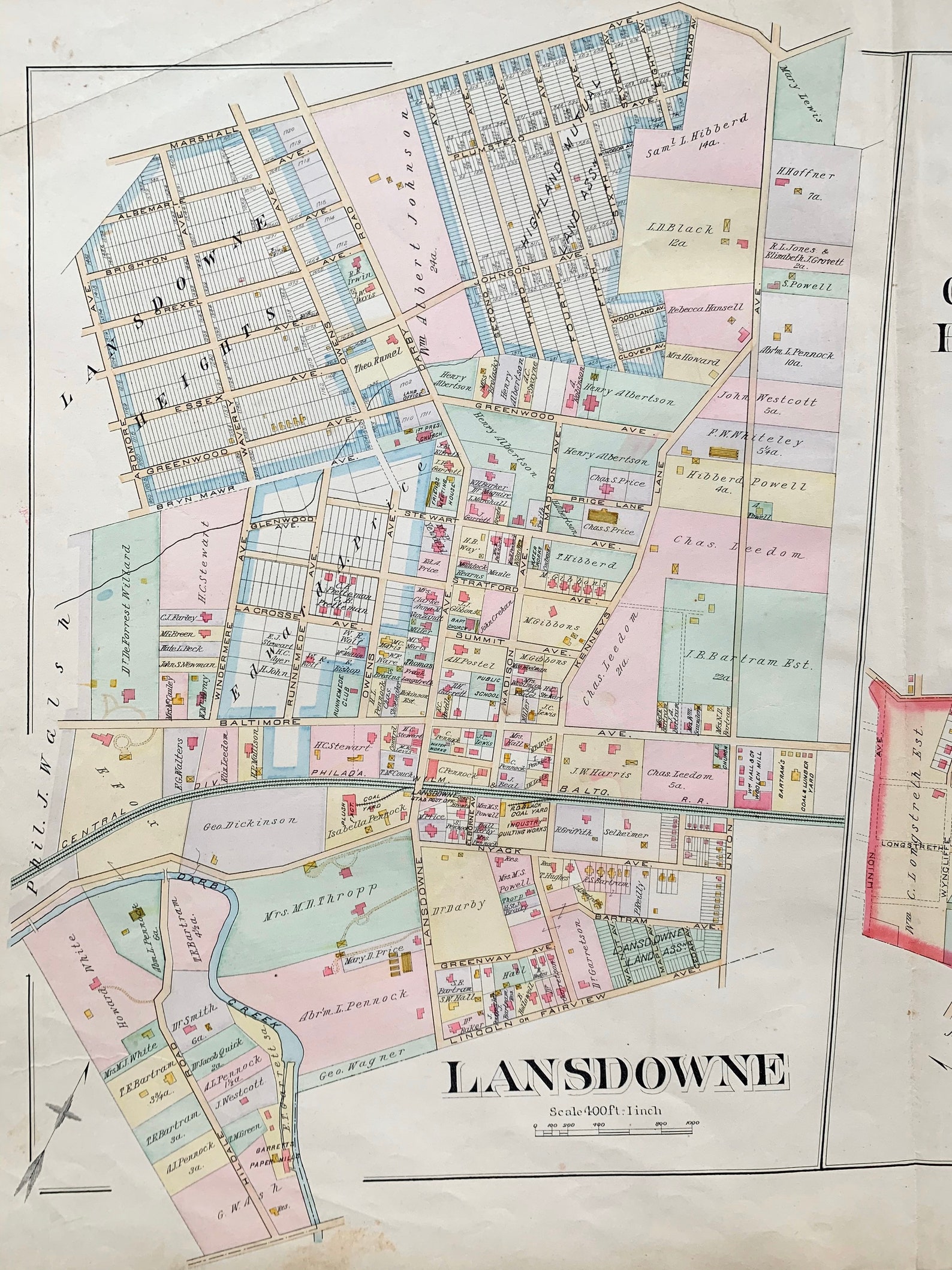Antique Lansdowne Map, Original 1892 Delaware County Pennsylvania Atlas ...