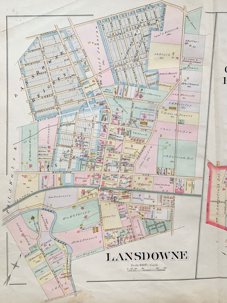 Antique Lansdowne Map, Original 1892 Delaware County Pennsylvania Atlas ...