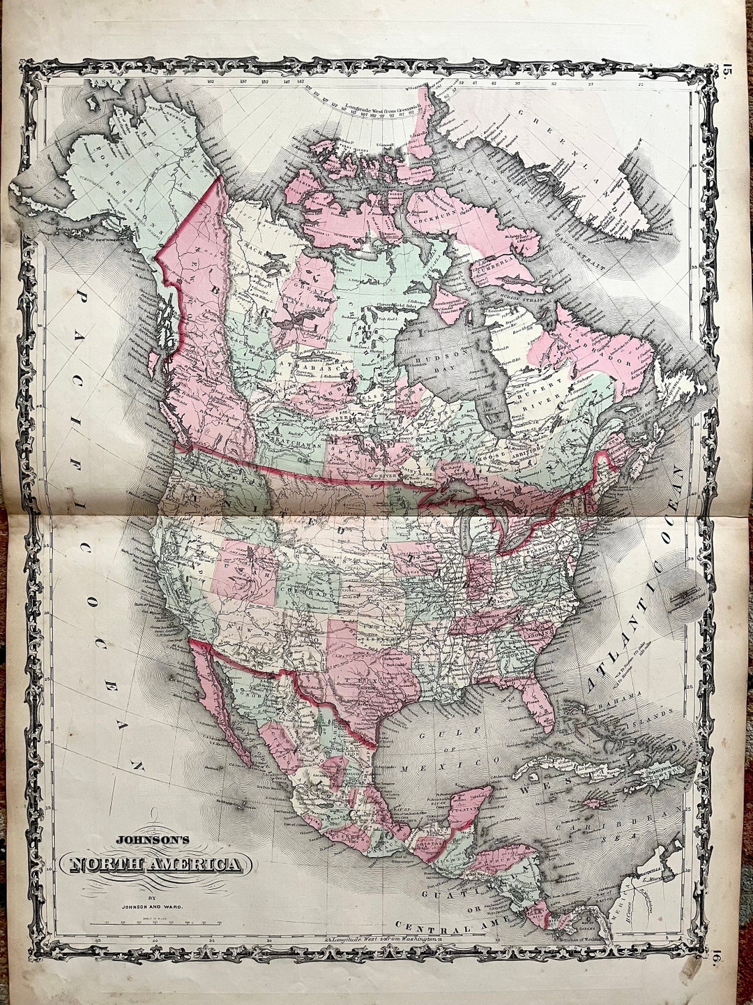 North America Map, Original 1863 Johnson and Ward Atlas, Mexico, Canada ...