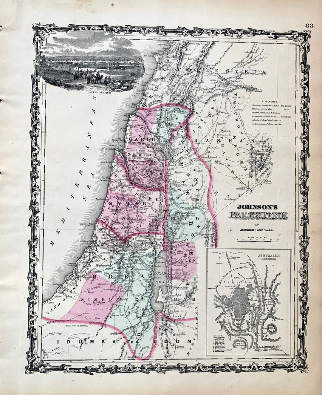 Palestine Map, Antique 1863 Hand Colored Map, Johnsons Map, Johnson and ...