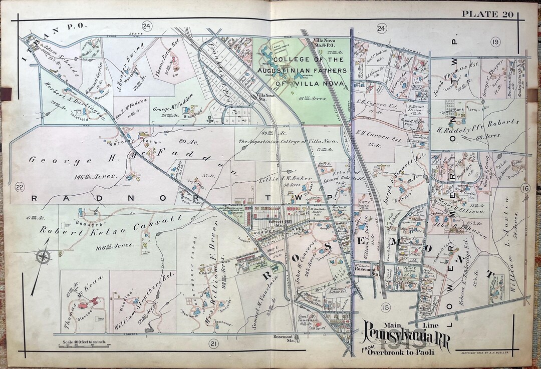 Villanova Map, Original 1913 Main Line Railroad Atlas, Wayne, Radnor ...