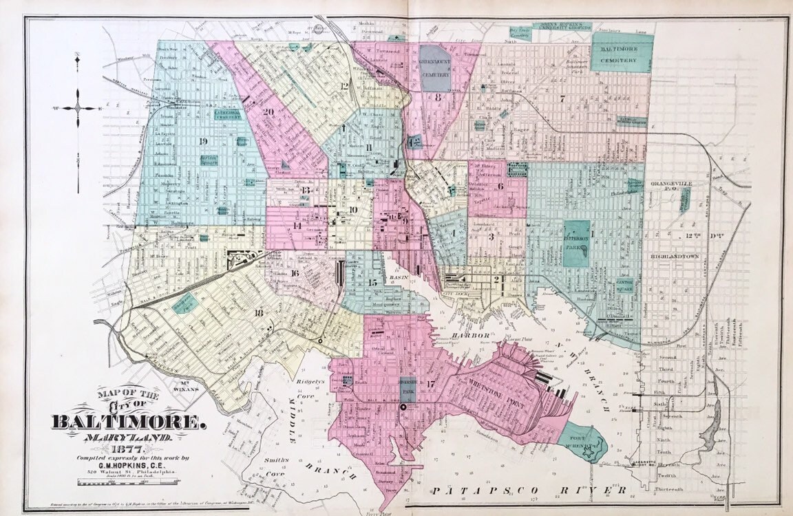 Antique Baltimore Map, Original 1877 Cecil County Maryland Atlas, City ...