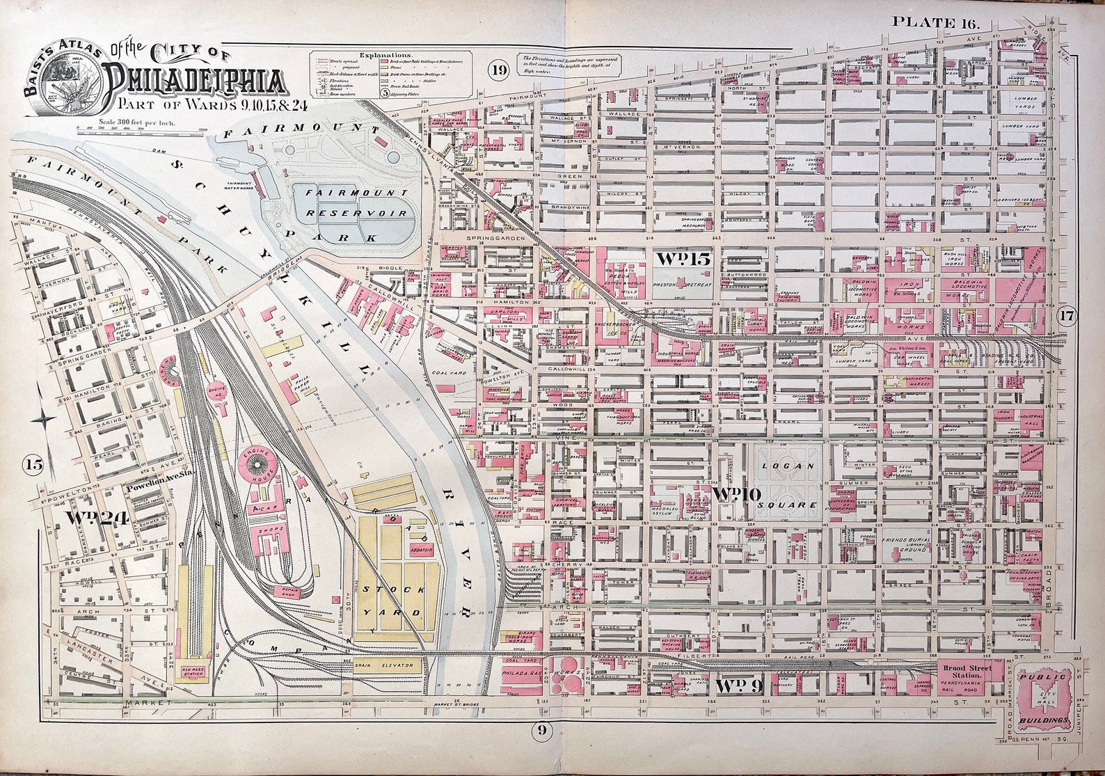 Fairmount Map, Original 1886 Philadelphia Atlas, City Hall, Powellton ...