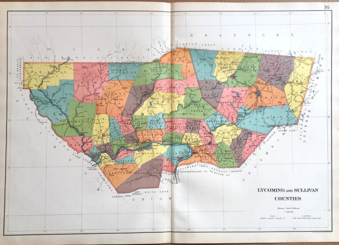 Lycoming County Map, Original 1900 Pennsylvania Atlas, Sullivan County ...