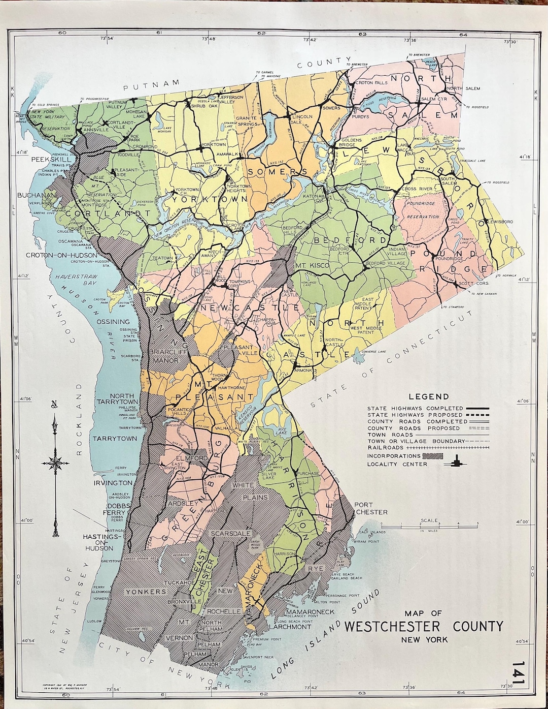 Westchester County Map, Original 1941 New York State Atlas, Tarrytown ...