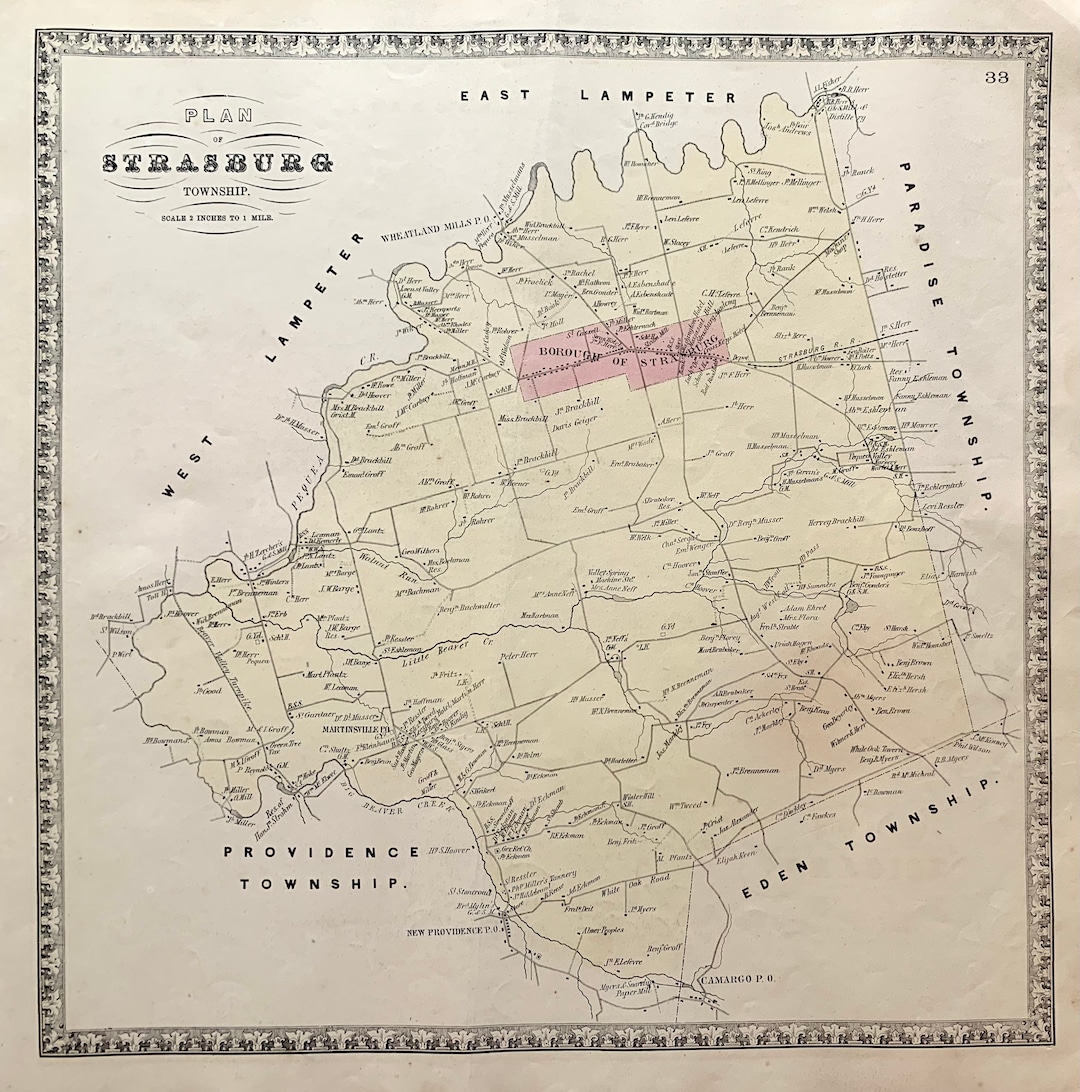 Strasburg Township Map, Original 1864 Lancaster County Atlas ...