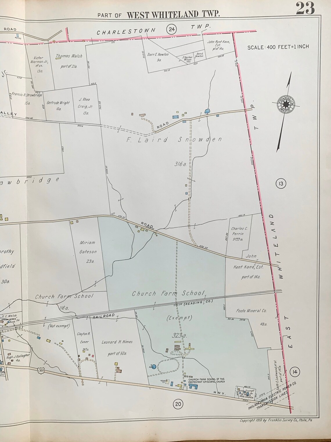 West Whiteland Township Map, Original 1950 Franklin Survey Main Line ...