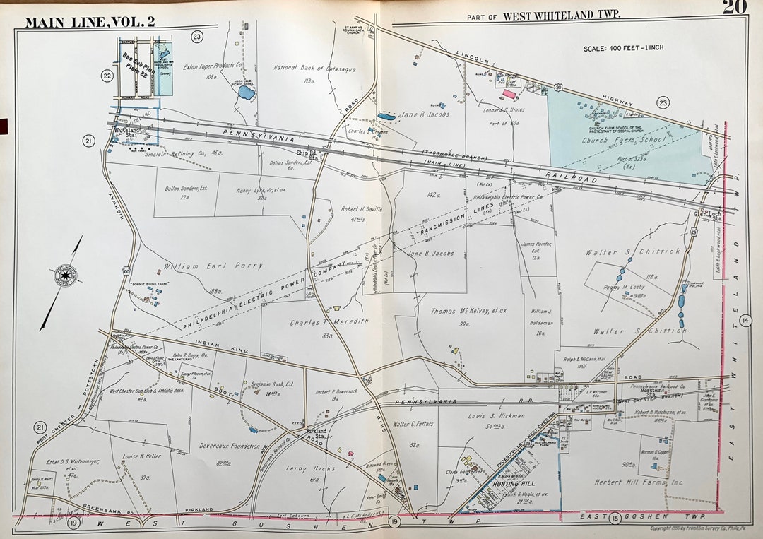 West Whiteland Township Map, Original 1950 Franklin Survey Main Line ...