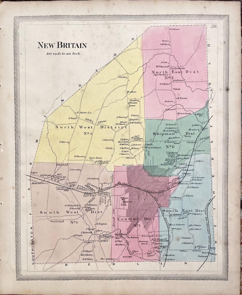New Britain Map, Original 1869 Hartford County, Connecticut Atlas ...