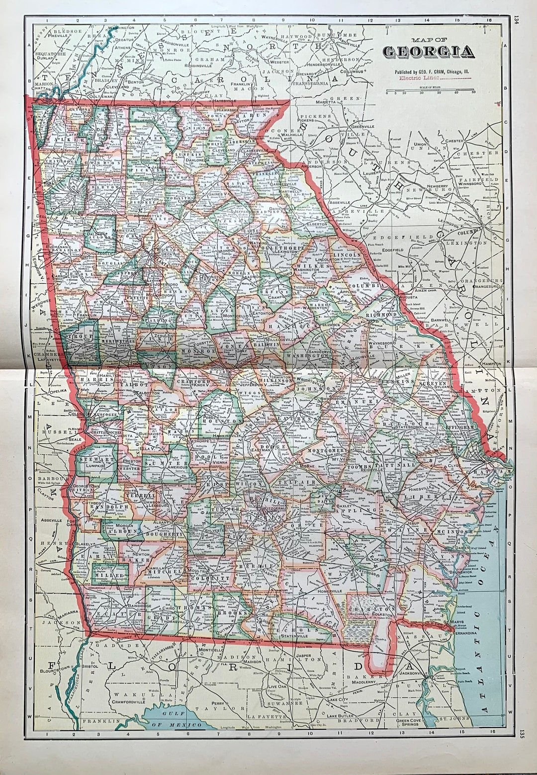 Georgia Map, Original 1887 Crams Atlas, the Peach State, Savannah ...