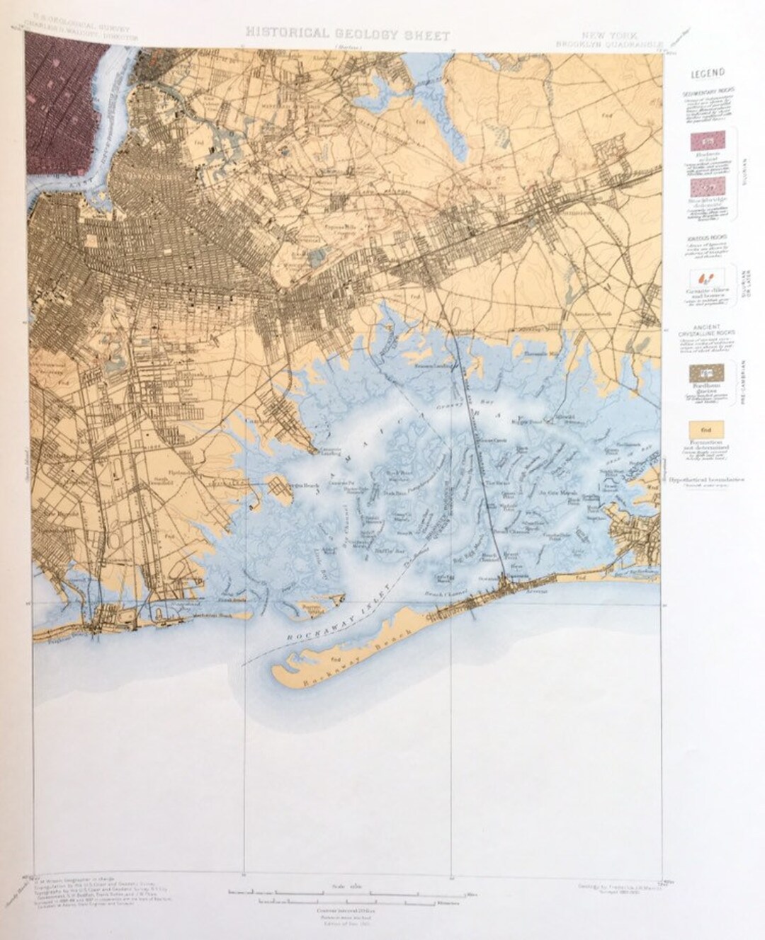 New York, Brooklyn Geological Map, Original 1902 Historical Geology ...