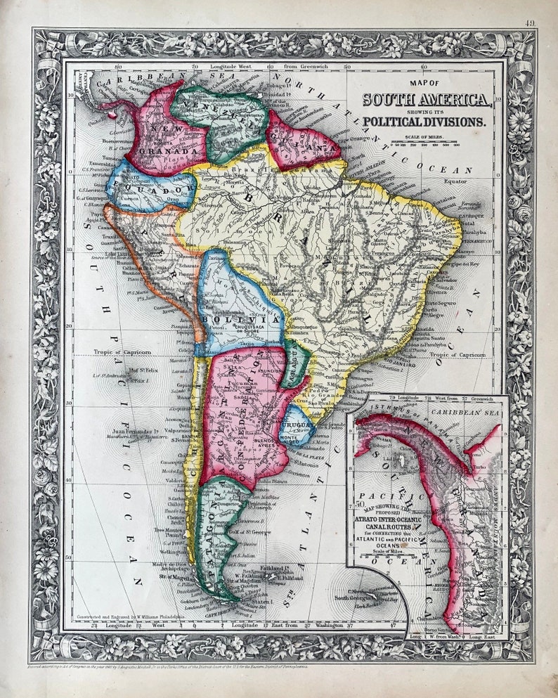 Mapa de América del Sur, atlas original de Mitchells de 1862, Brasil ...