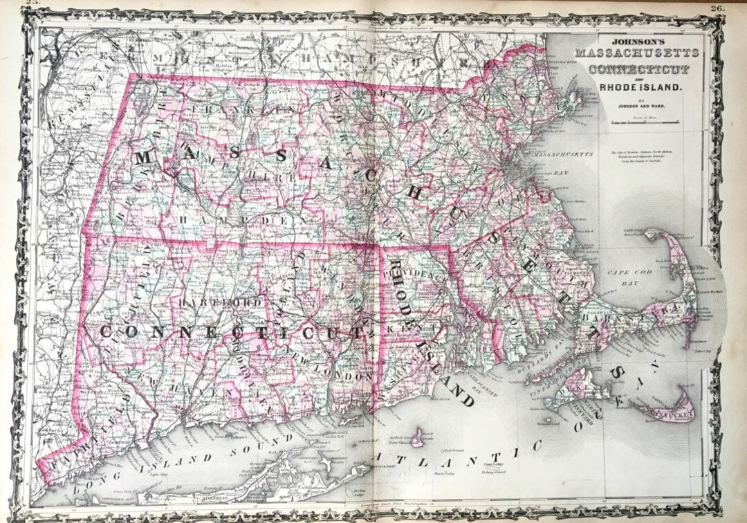 Massachusetts, Connecticut and Rhode Island Map, Original 1863 Johnsons ...
