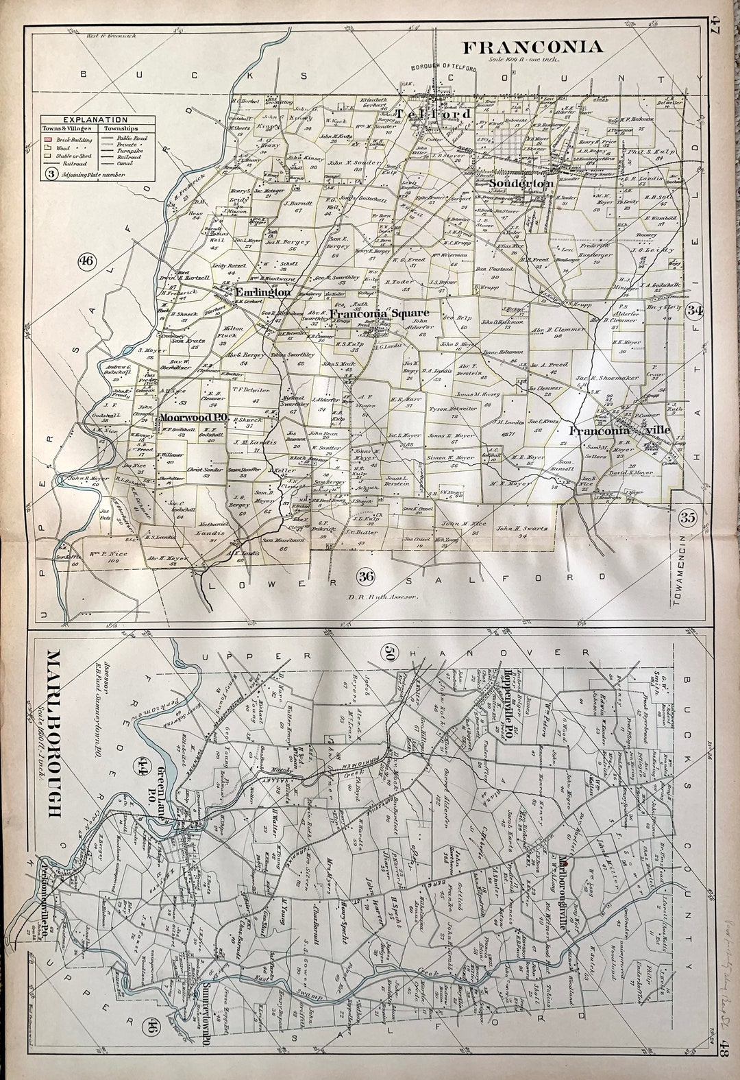Franconia Map, Original 1893 Montgomery County Atlas, Marlborough ...