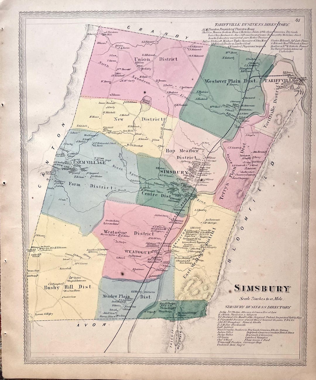 Simsbury Map, Original 1869 Hartford County, Connecticut Atlas, East ...