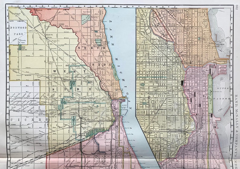 Chicago Map, Original 1895 Rand Mcnally Atlas, the Windy City, Hyde ...