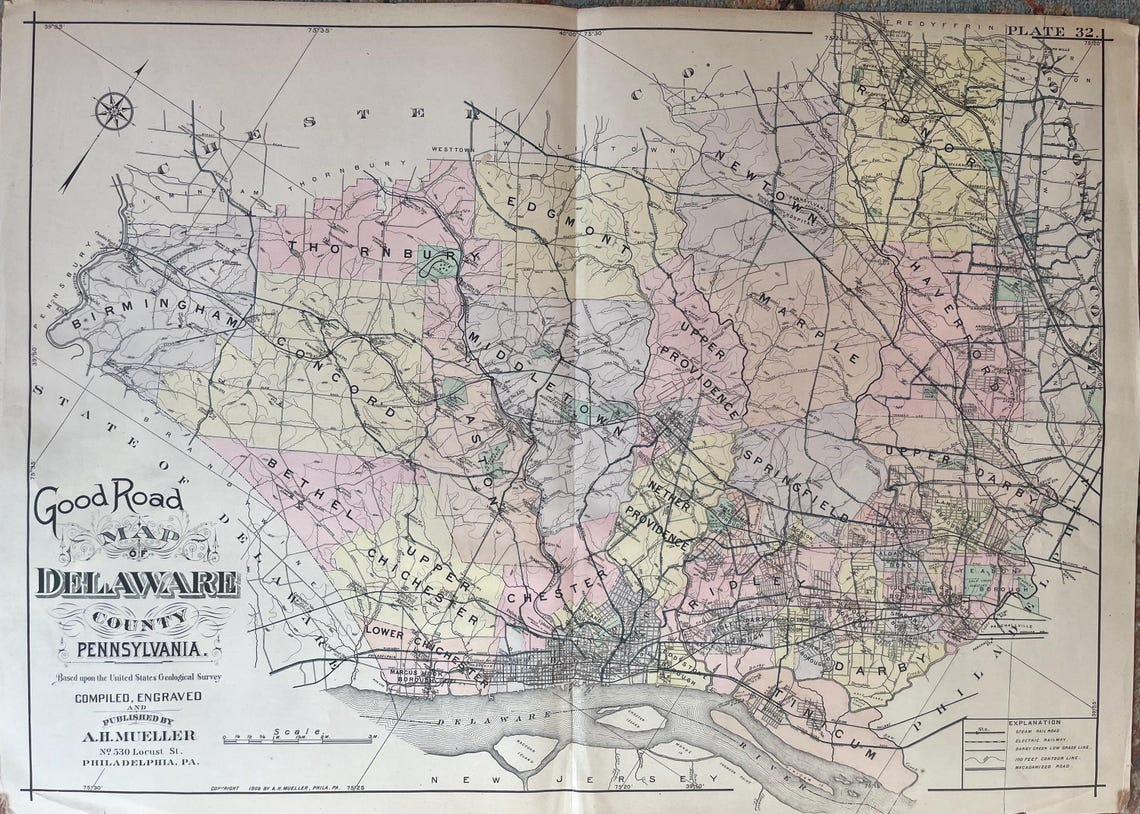 Delaware County Atlas Map, Original 1909 Muellers Good Road Map of ...