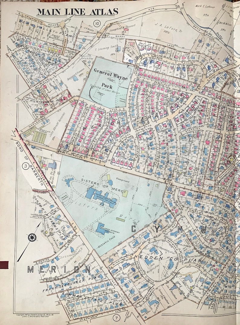 1947 Cynwyd Map, Original Main Line Atlas Map, Lower Merion Township ...
