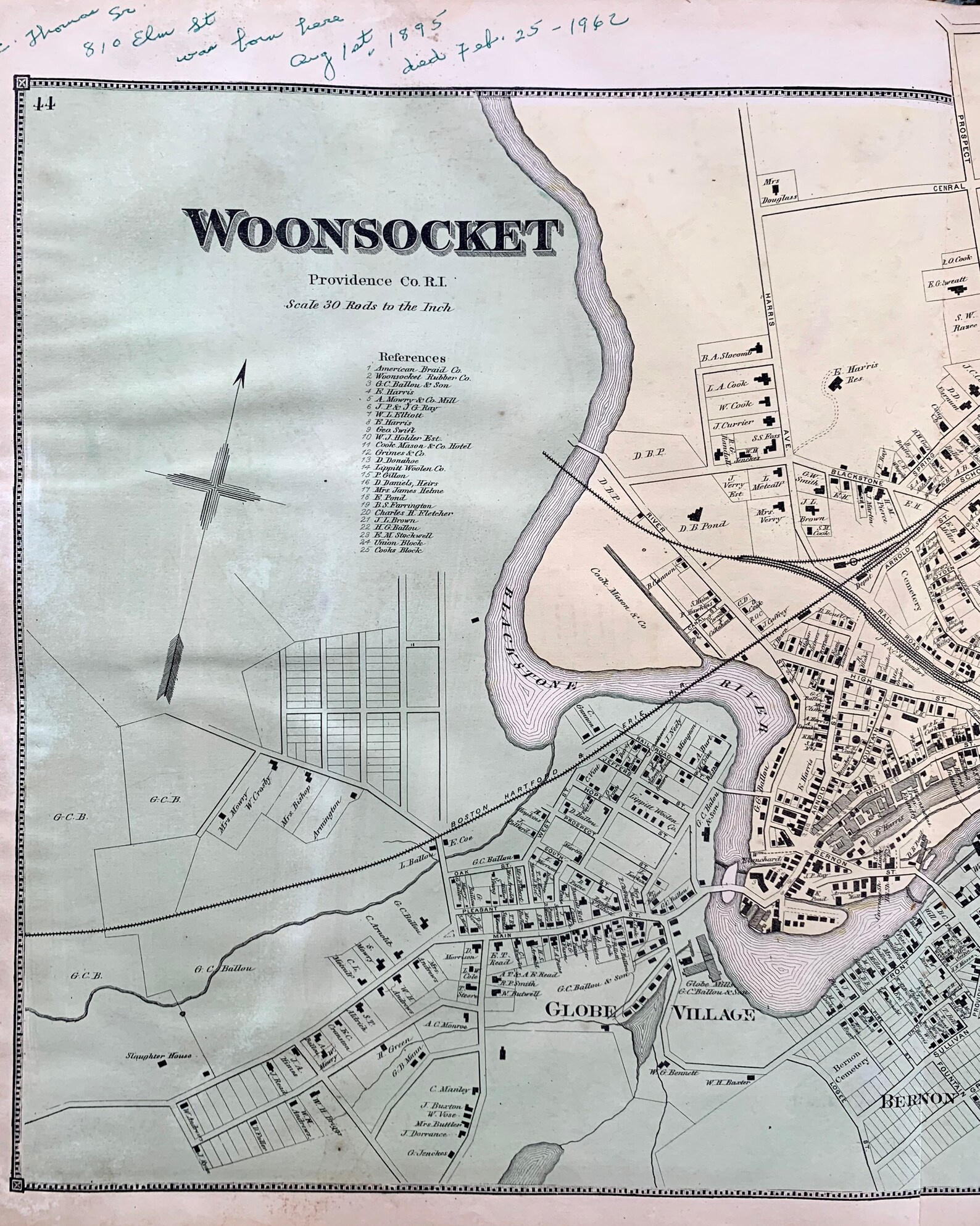 Woonsocket Map, Original 1870 Rhode Island Atlas, Providence County ...