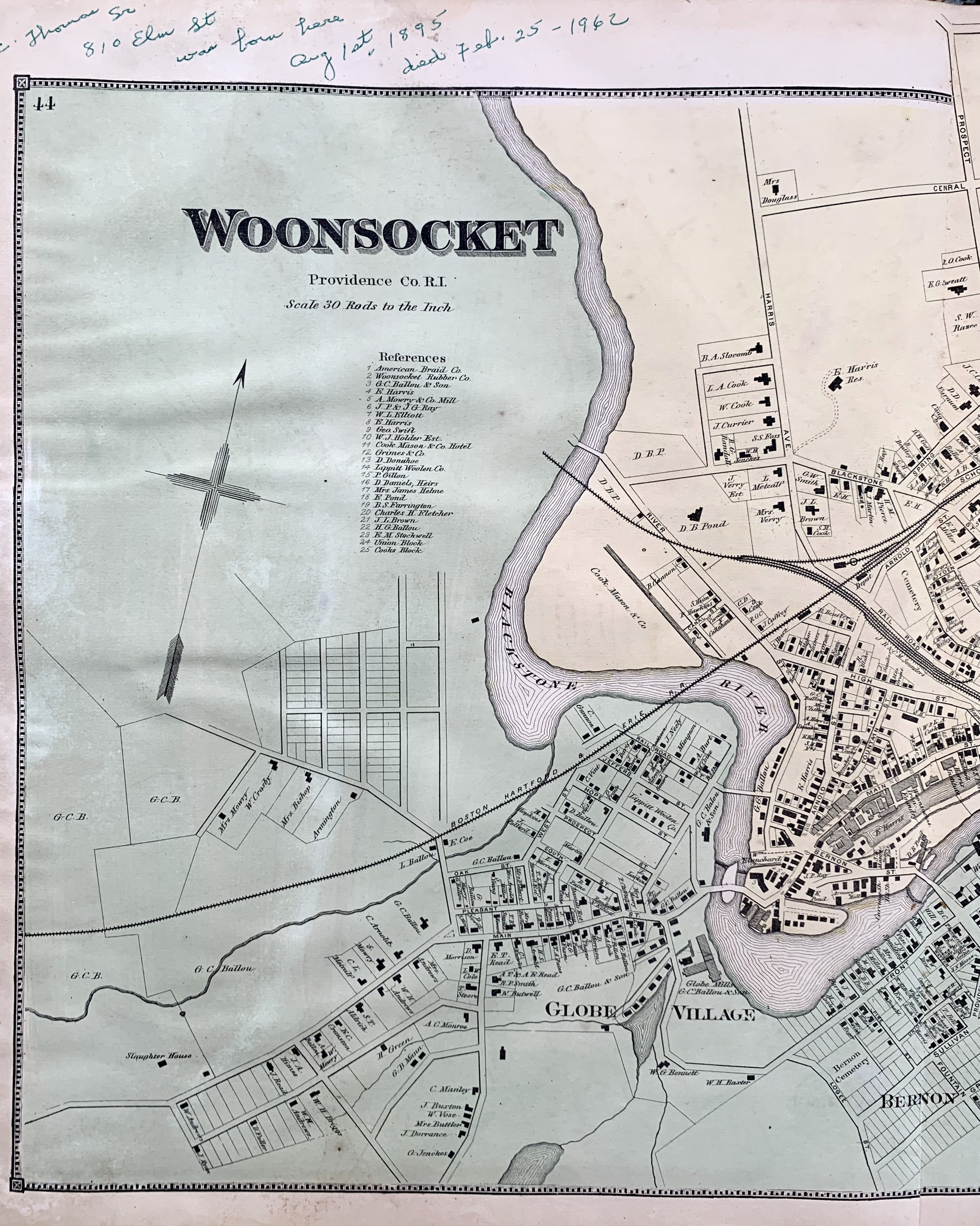Woonsocket Map, Original 1870 Rhode Island Atlas, Providence County ...