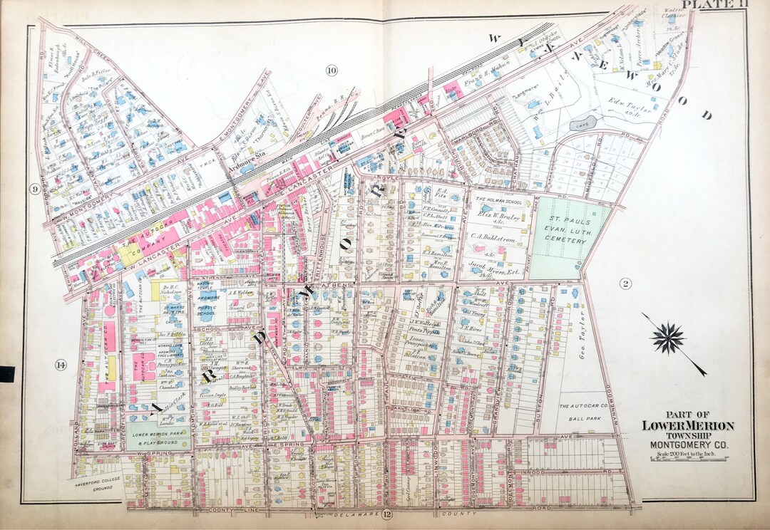 Ardmore Map, Original 1926 Main Line Atlas, Wynnewood, Montgomery ...