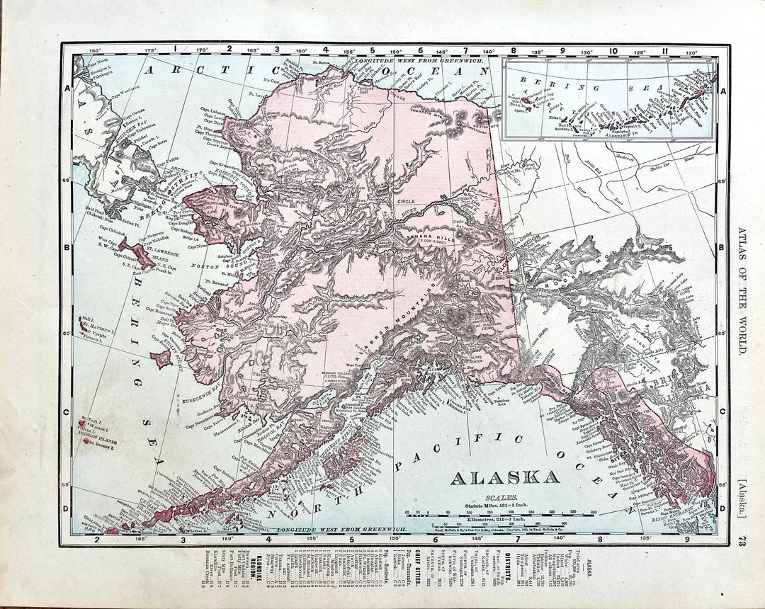 Antique Alaska Map, Original 1900 Rand Mcnally Atlas, Bering Straight ...