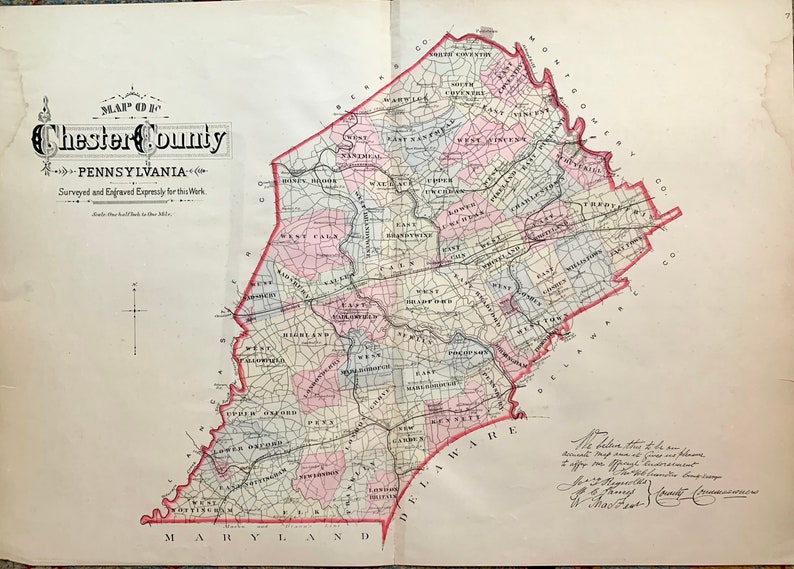 Chester County Map Original 1883 Chester County Pennsylvania - Etsy
