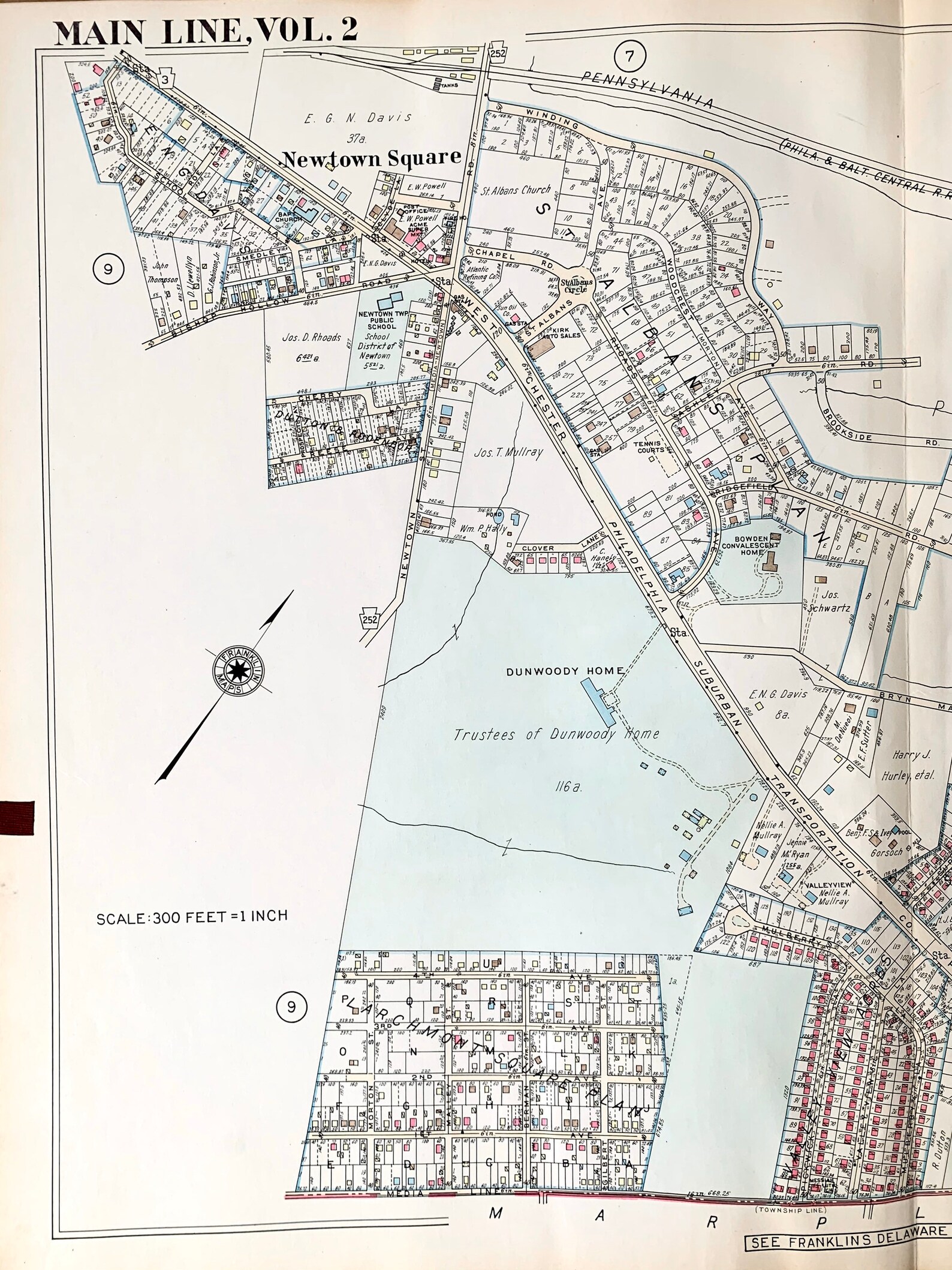 Newtown Township Map, Original 1950 Franklin Survey Main Line Atlas ...