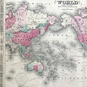 Antique Map of the World, Original 1864 Johnsons Atlas, Mercators ...