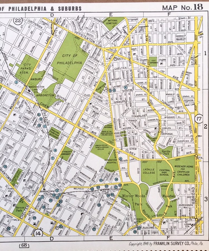 Philadelphia Atlas Map, Original 1946, Mount Airy, Getmantown, Lasalle ...