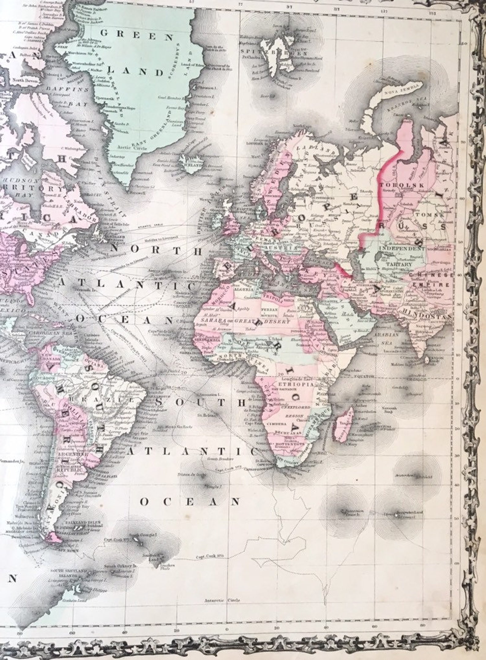 Map of the World Original 1863 Johnson and Ward Atlas | Etsy