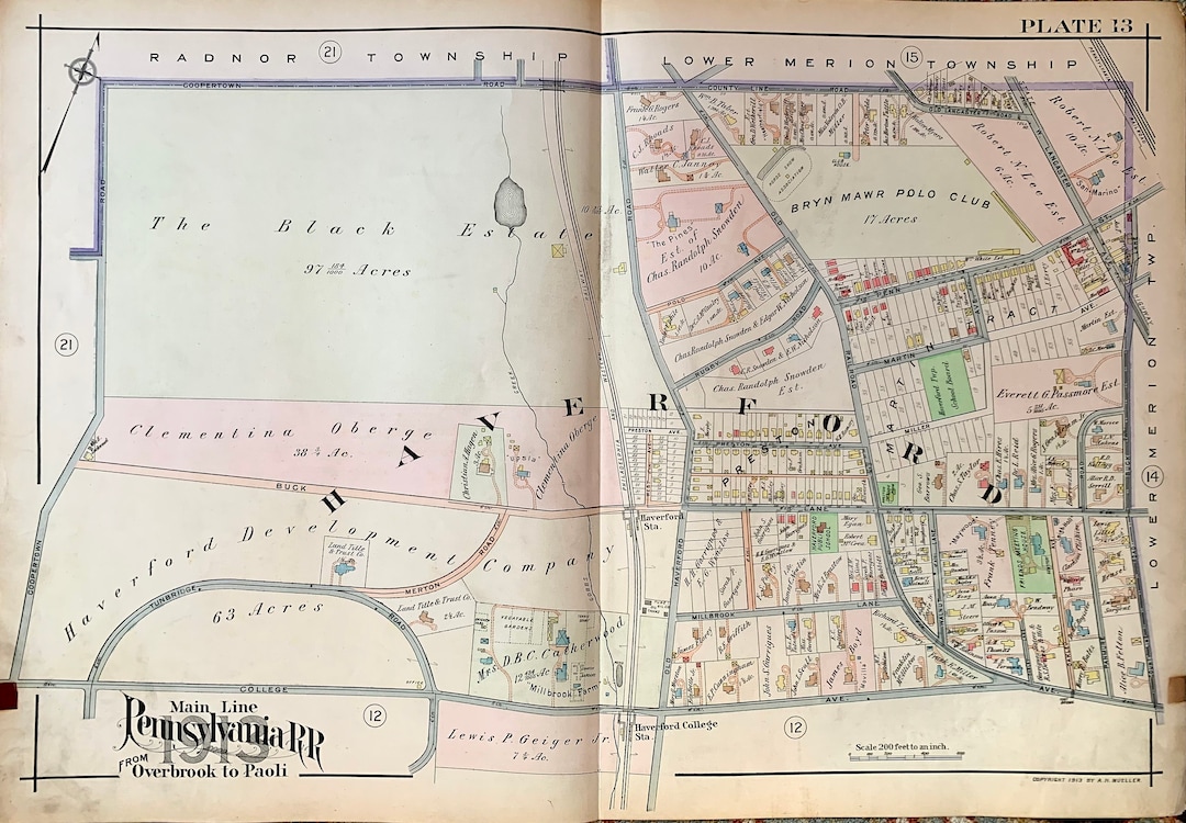 Haverford Map, Original 1913 Main Line Atlas, Bryn Mawr Polo Club ...