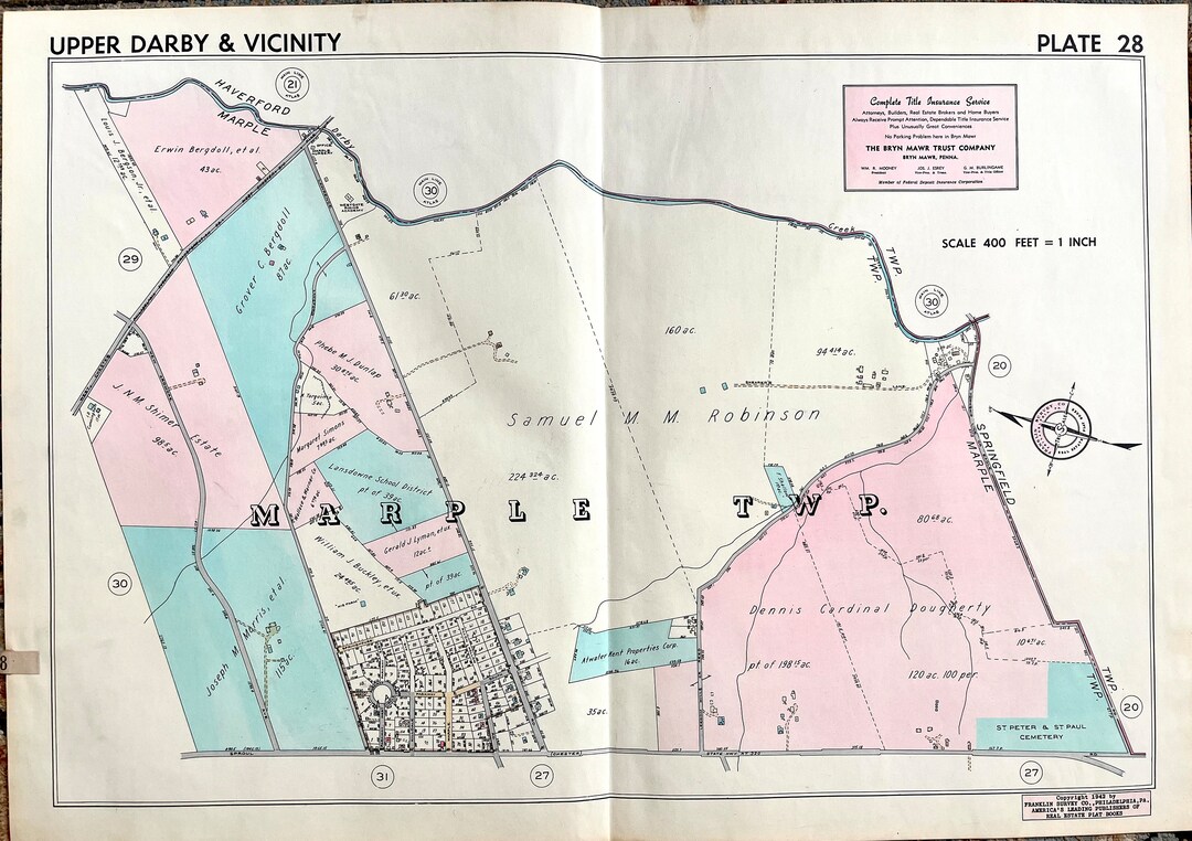 Marple Township Map, Original 1942 Upper Darby Atlas, Lawrence Park ...